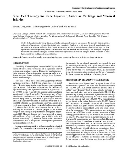 Stem cell therapy for knee ligament, articular ...