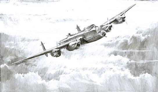 Drawing of a Lancaster Bomber in a climbing tur...