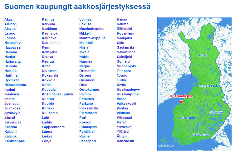 Suomen kaupungit aakkosjärjestyksessä...