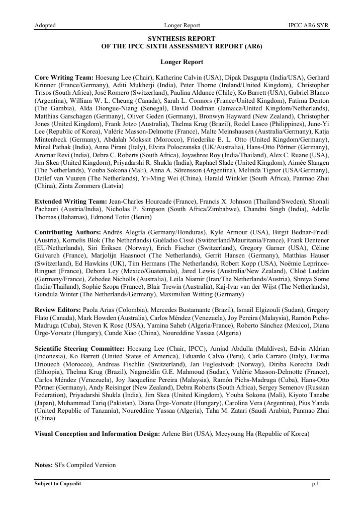 IPCC REPORT : Synthesis Report of the IPPC sixt...