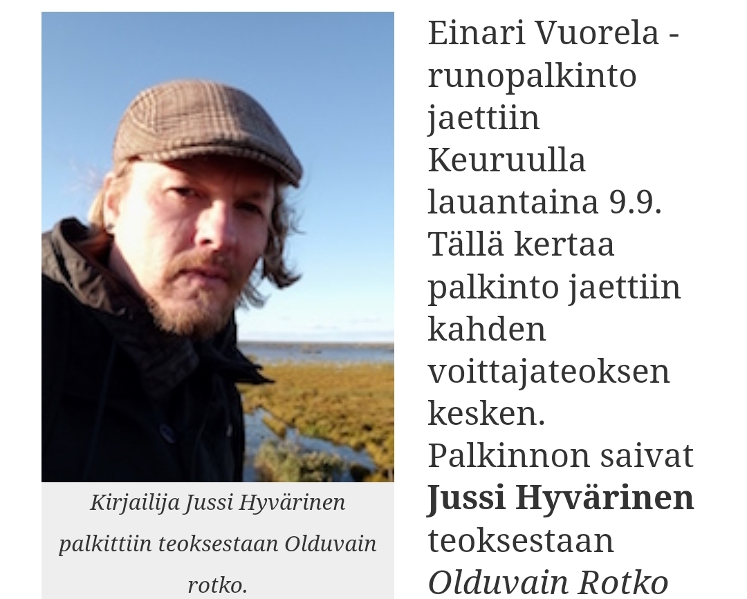 Einari Vuorela -runopalkinnon saivat Jussi Hyv&...